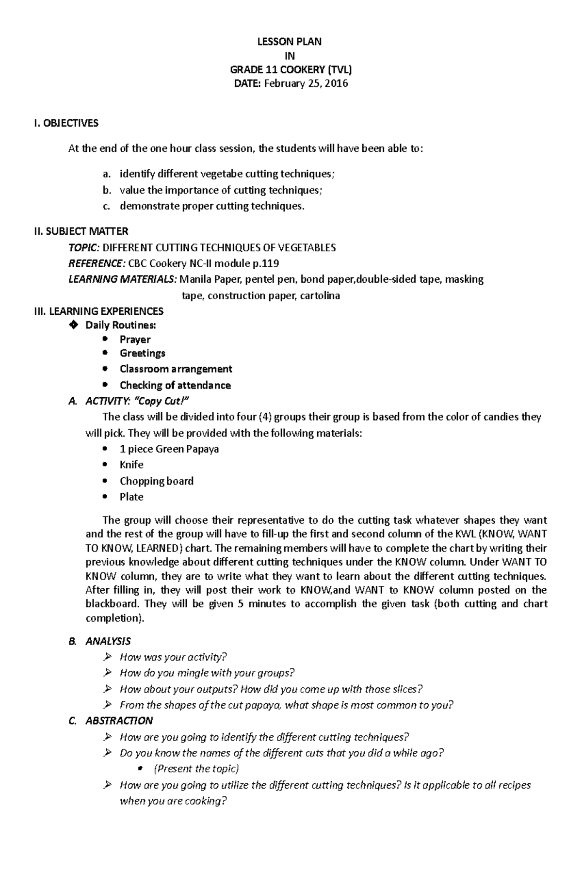 Grade 11 Cookery (TVL) Lesson Plan: Vegetable Cutting Techniques - Studocu
