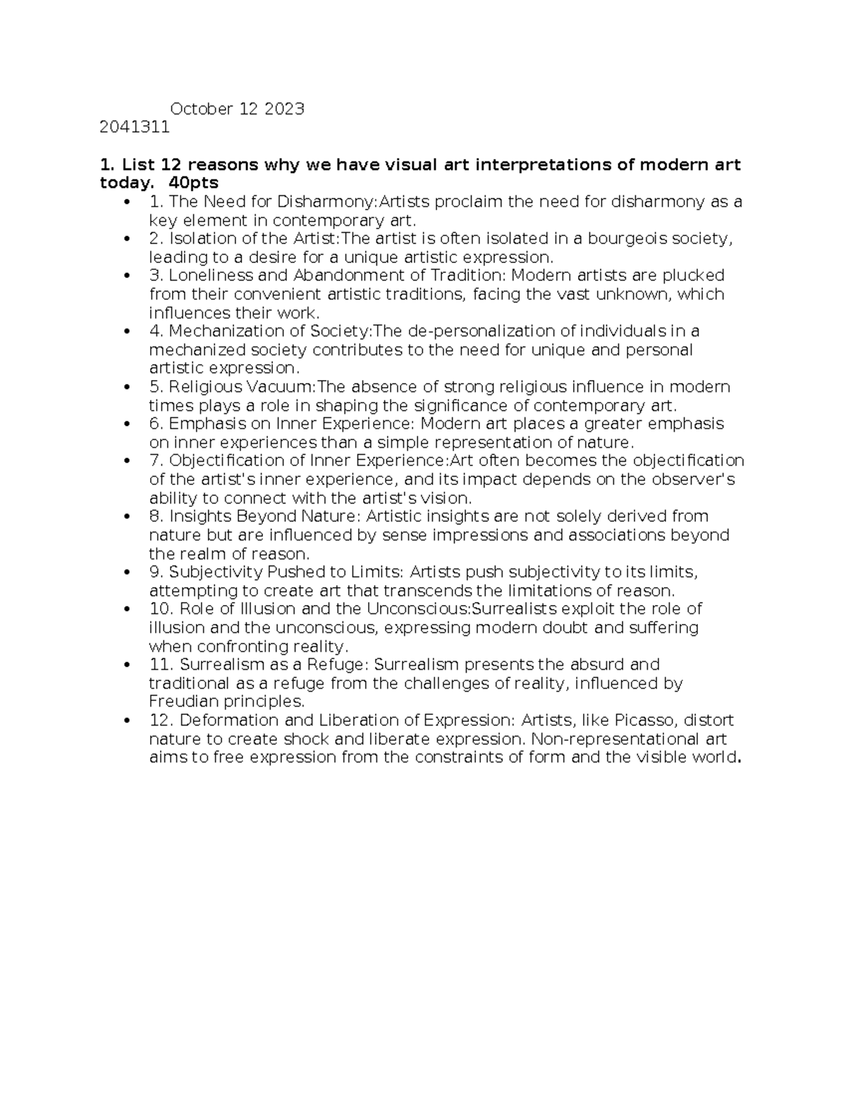 Arts appoct 12 - Art essay - October 12 2023 2041311 1. List 12 reasons ...