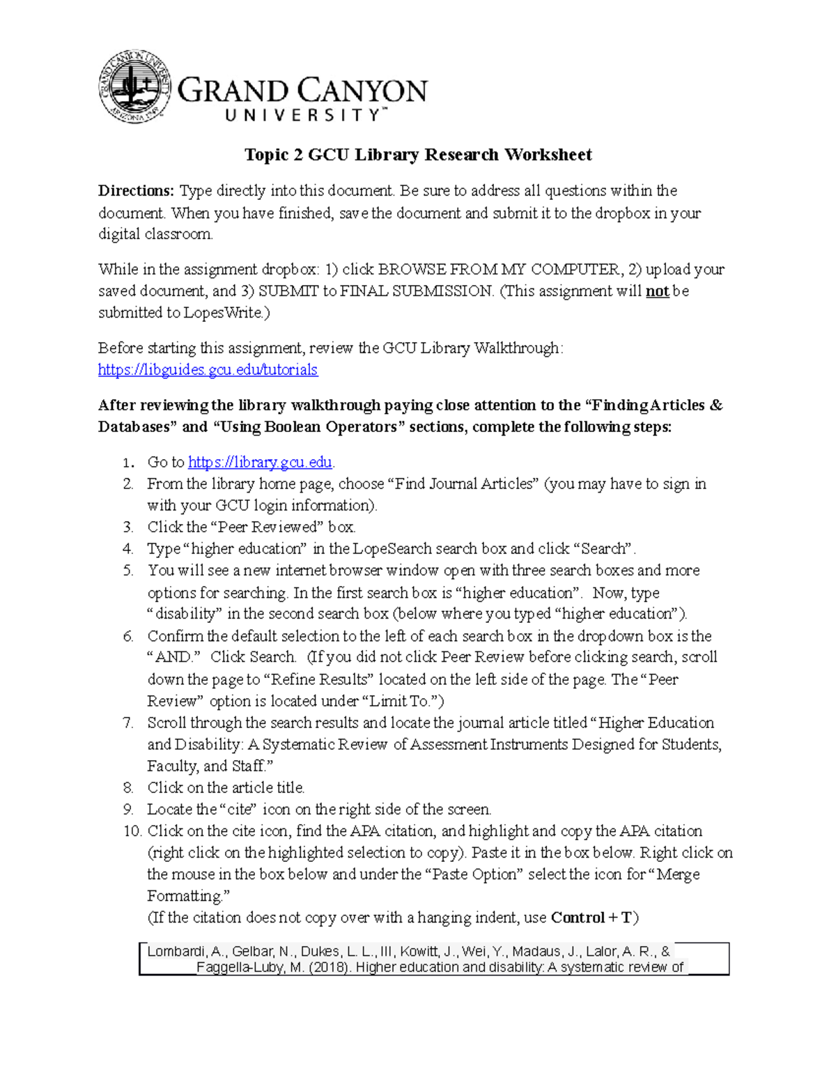 GCU LIB 202 - Topic 2 Library Research Worksheet & Instructions - Studocu