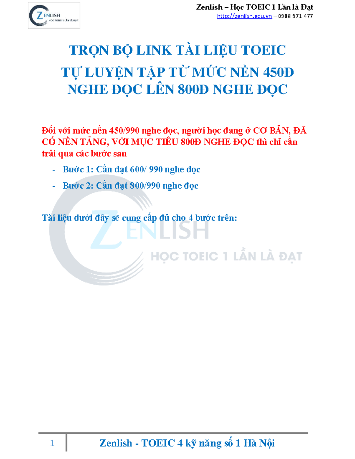 Zenlish Tài Liệu TOEIC: Từ 450 Đến 800 Đạt Điểm Nghe Đọc - Studocu