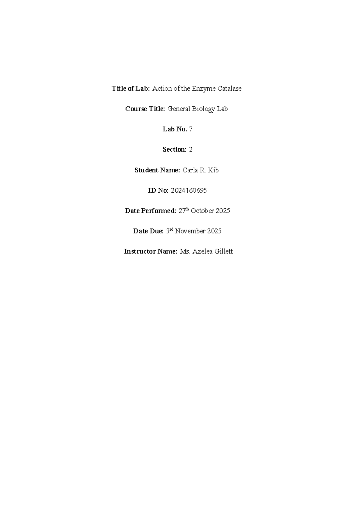 Lab Report #7: Action of Enzyme Catalase in Potato & Liver Cells - Studocu