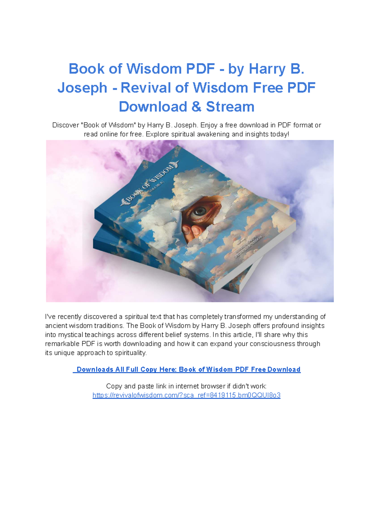 Book of Wisdom PDF by Harry B. Joseph: A Path to Spiritual Awakening ...