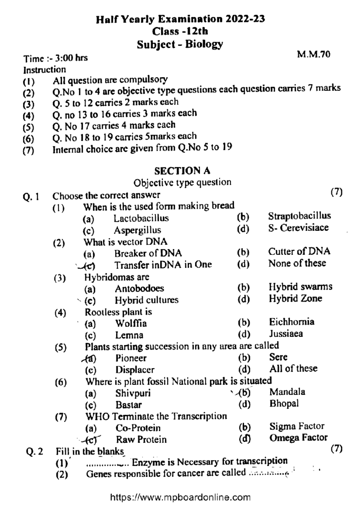 Mp board class 12 hy biology 220423 2023 - Half Yearly Examination ...
