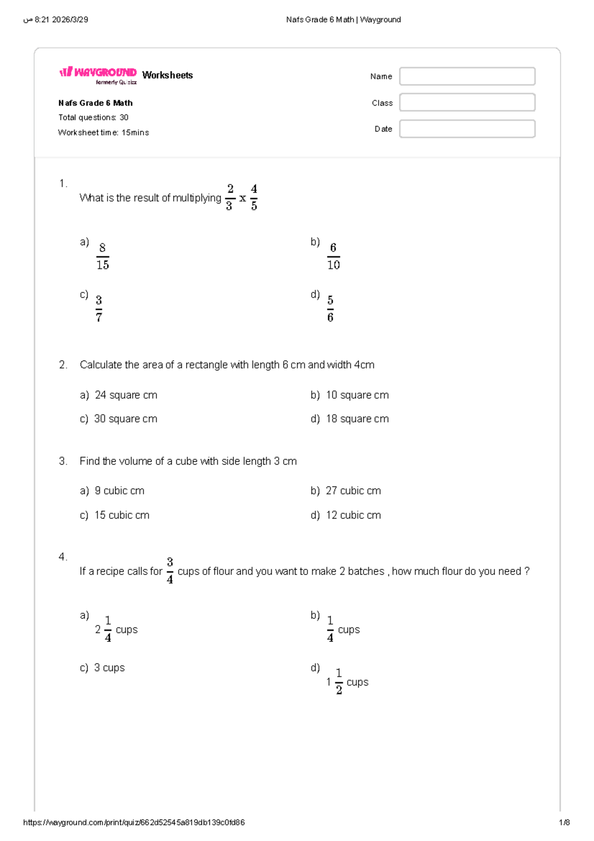 Nafs Grade 6 Math Wayground Worksheet - Total Questions: 30 - Studocu