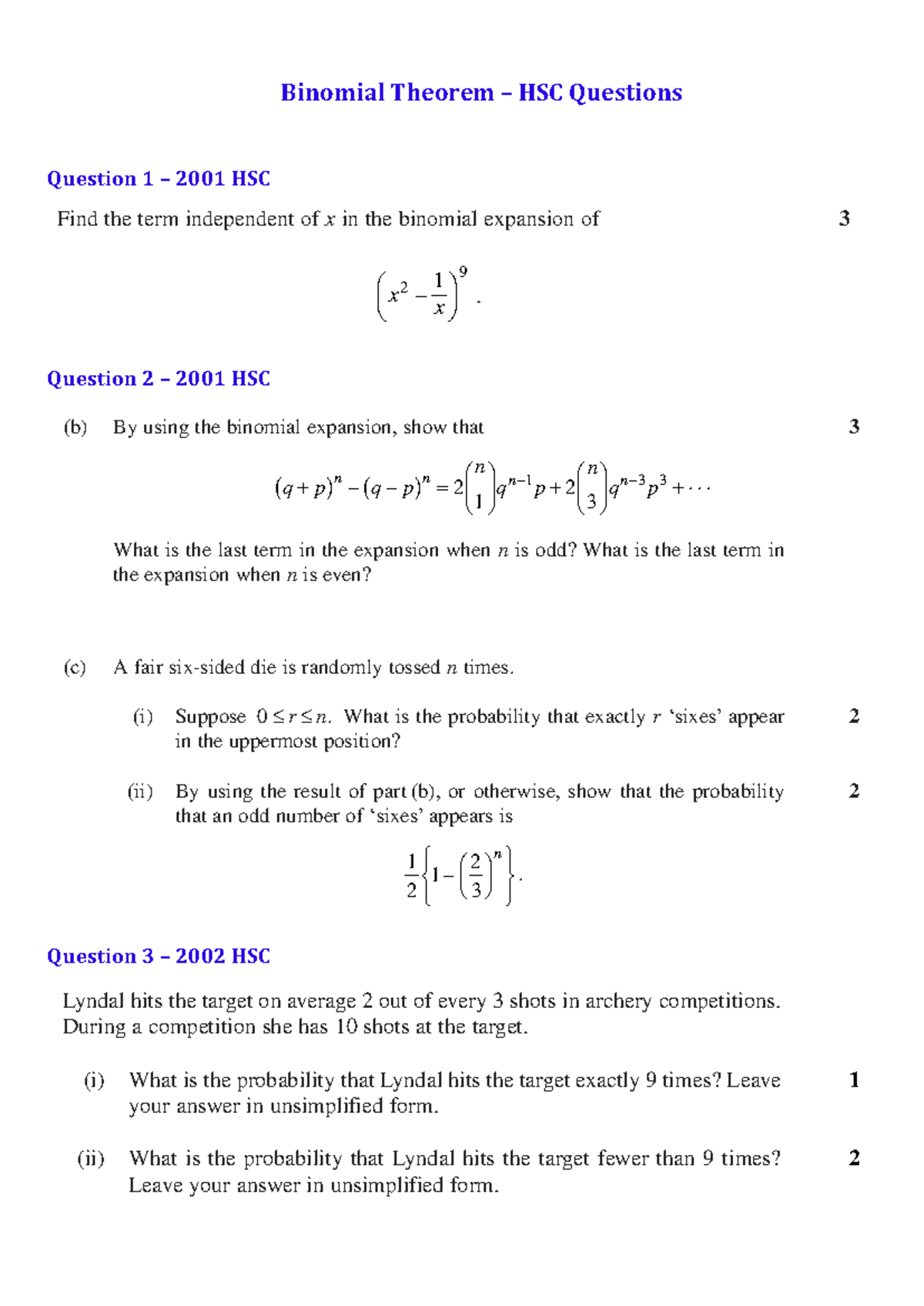 HSC Questions - Binomial Theorem - Binomial Theorem – HSC Questions ...