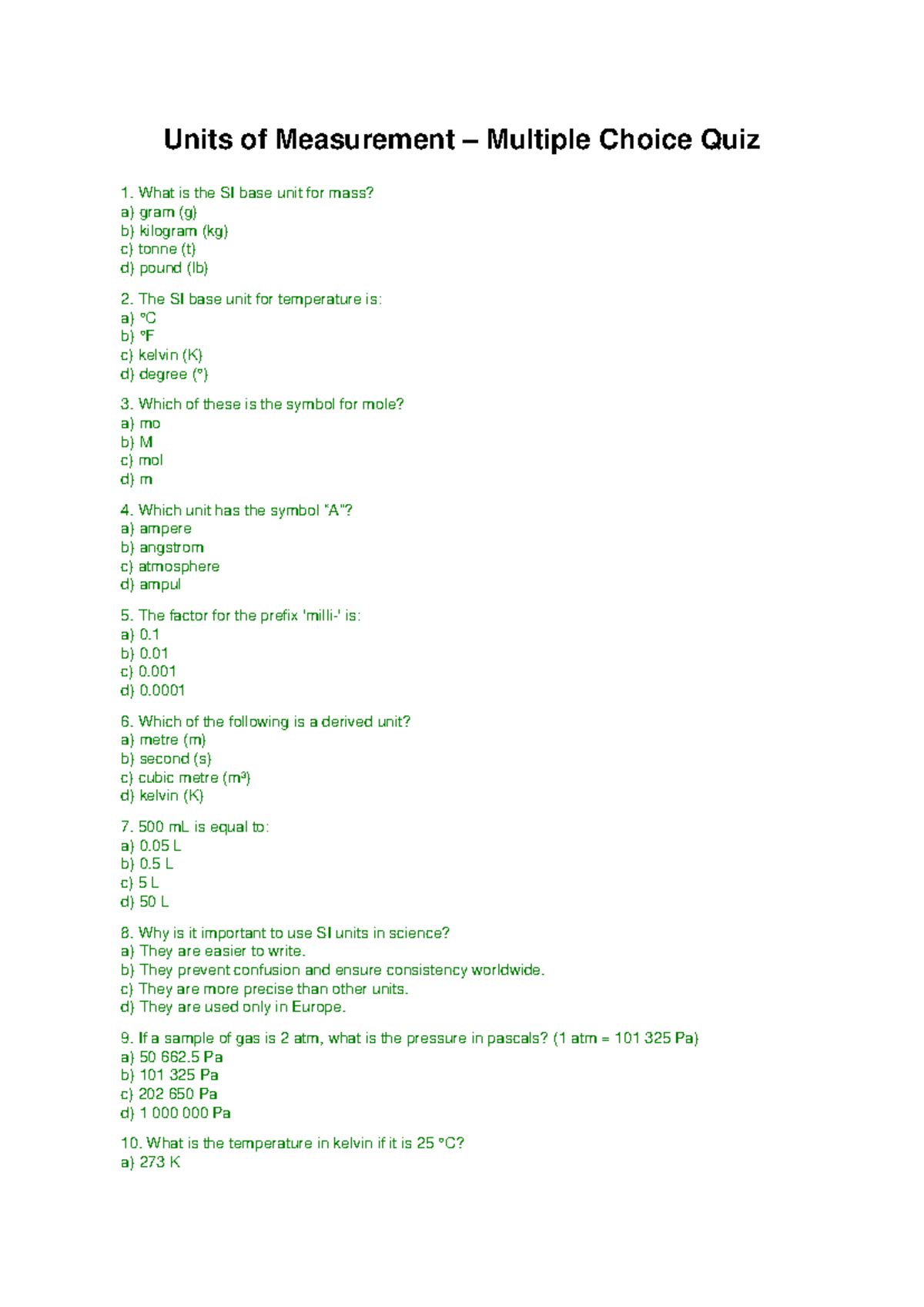 Units of Measurement Quiz 1: Multiple Choice Questions - Studocu