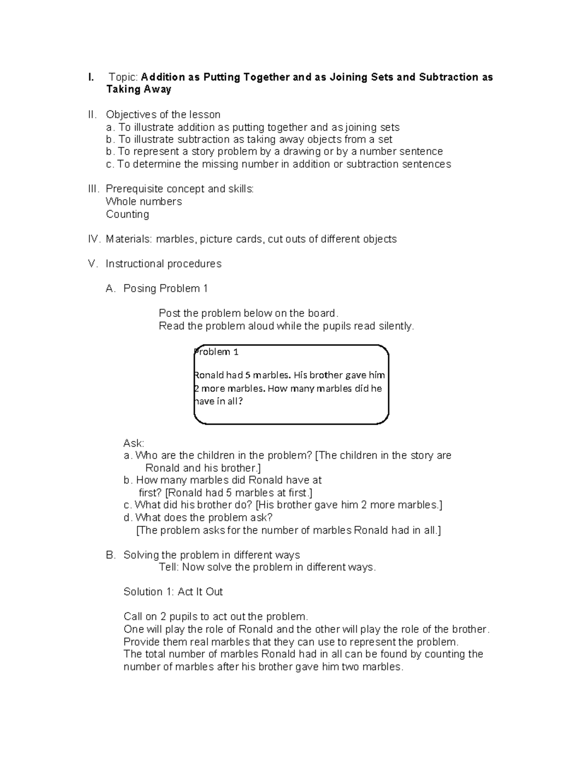 Math 101 - Lesson Plan: Addition and Subtraction Concepts - Studocu