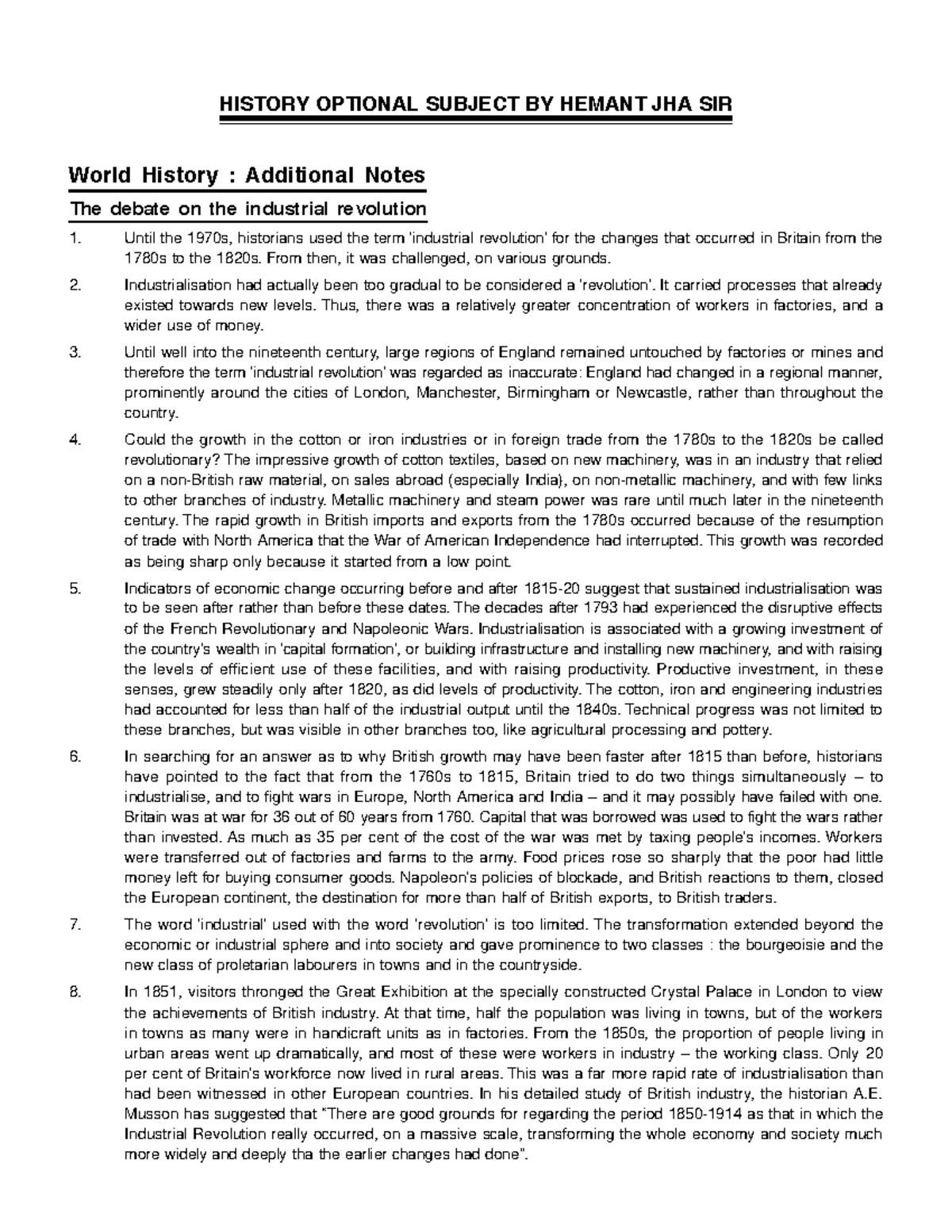 World History: The Industrial Revolution Debate Overview - Studocu