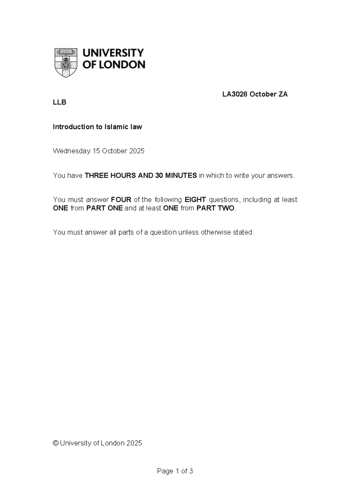 LA3028 Islamic Law Final Exam Questions - October 2025 - Studocu