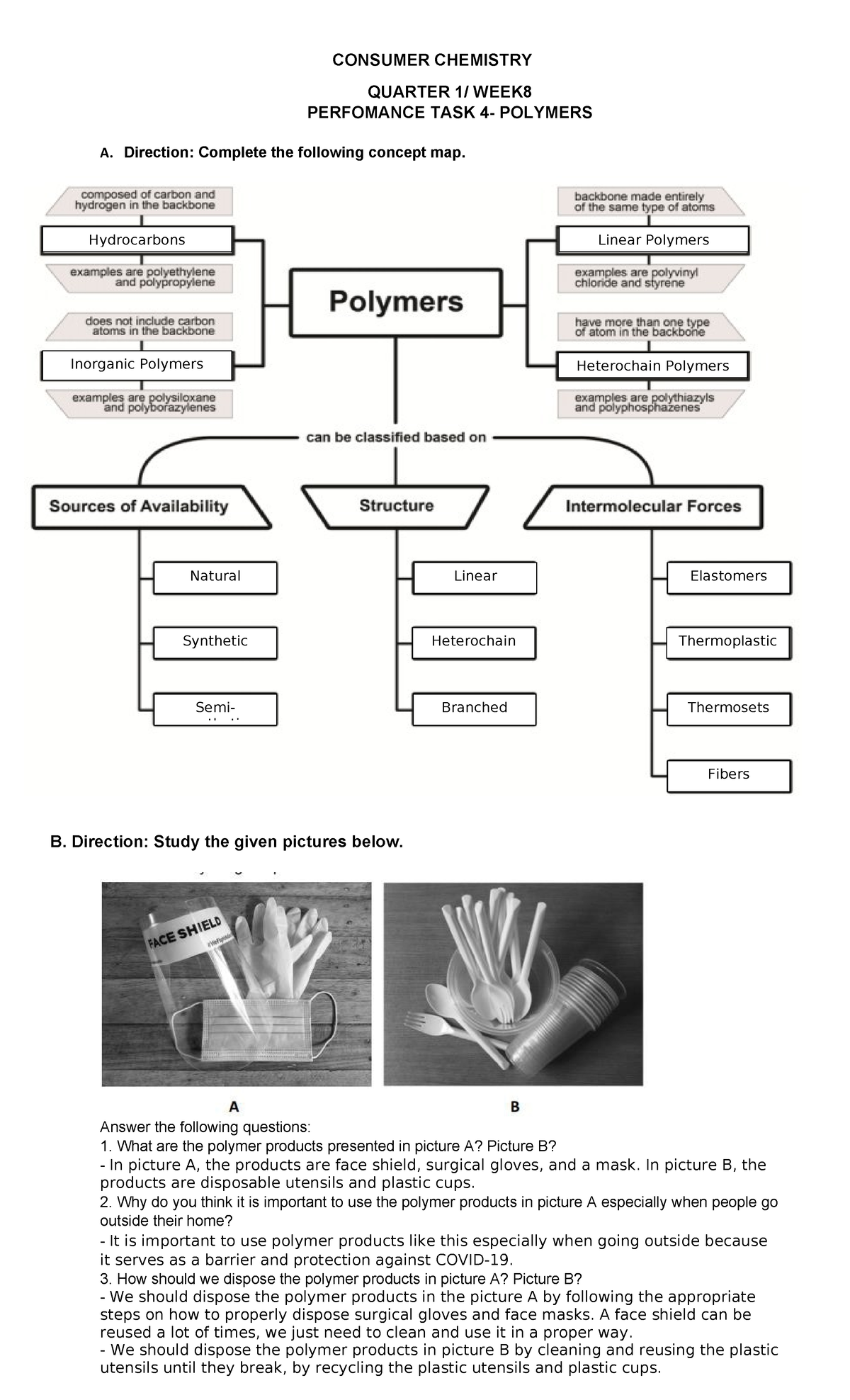 Consumer Chemistry Qtr 1 Wk 8 Performance Task: Polymers Concept Map ...