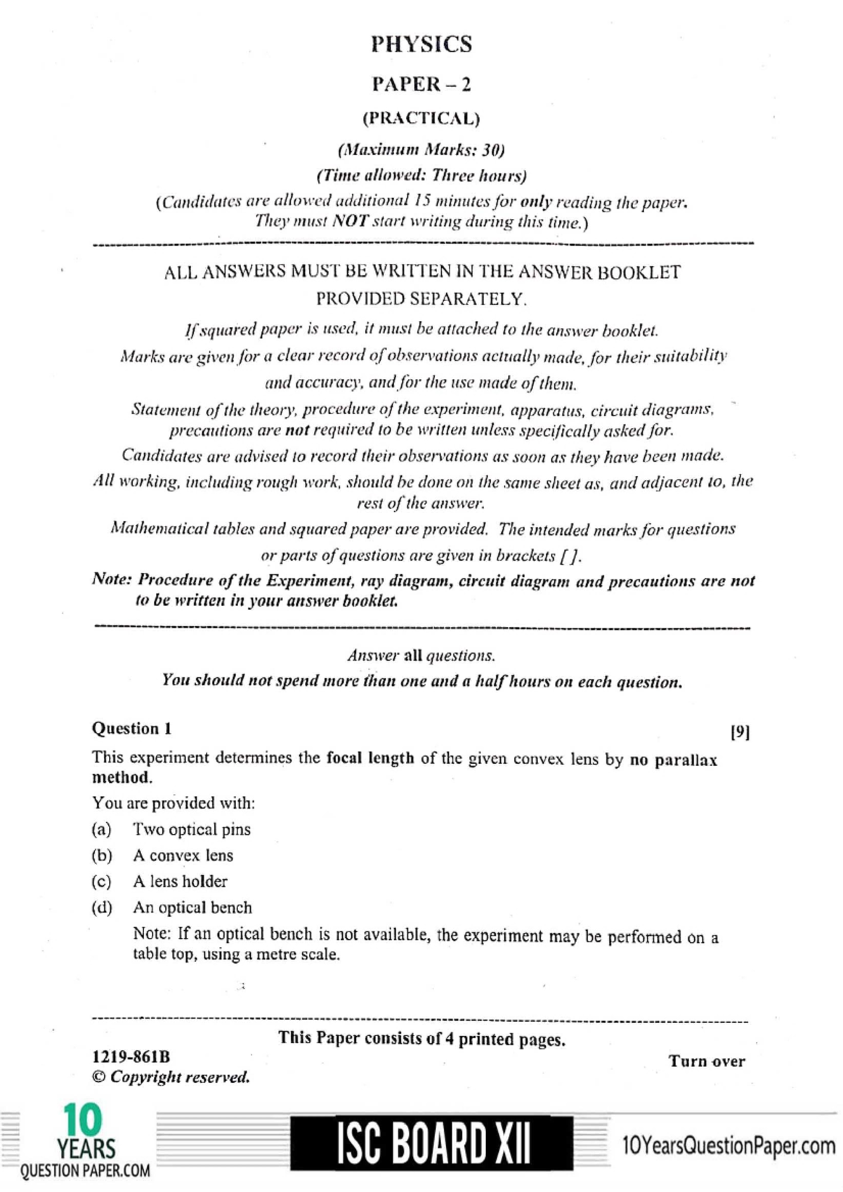 ISC 2019 Physics Paper 2 (Practical) - Class 12 Exam Guide - Studocu
