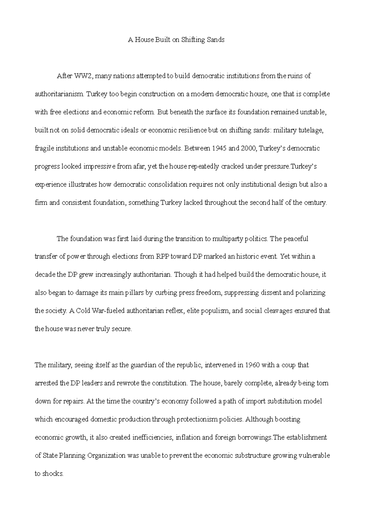 Psir244 Final Exam: Turkey's Democratic Struggles Post-WW2 - Studocu