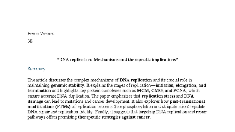 DNA Replication Mechanisms & Therapeutics: Erwin Viernes 3E Notes - Studocu
