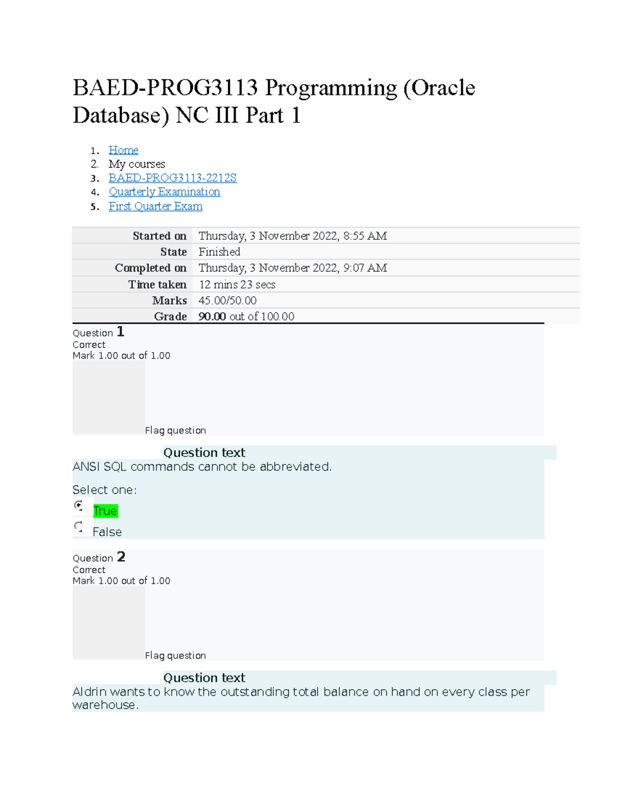 PROG3113 1ST Quarter EXAM - BAED-PROG3113 Programming (Oracle Database) NC III Part 1 Home My ...