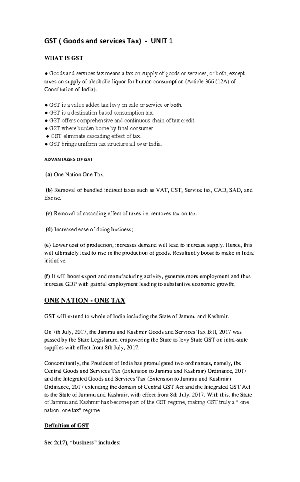 GST - Lecture Notes Unit 1: Understanding Goods and Services Tax - Studocu
