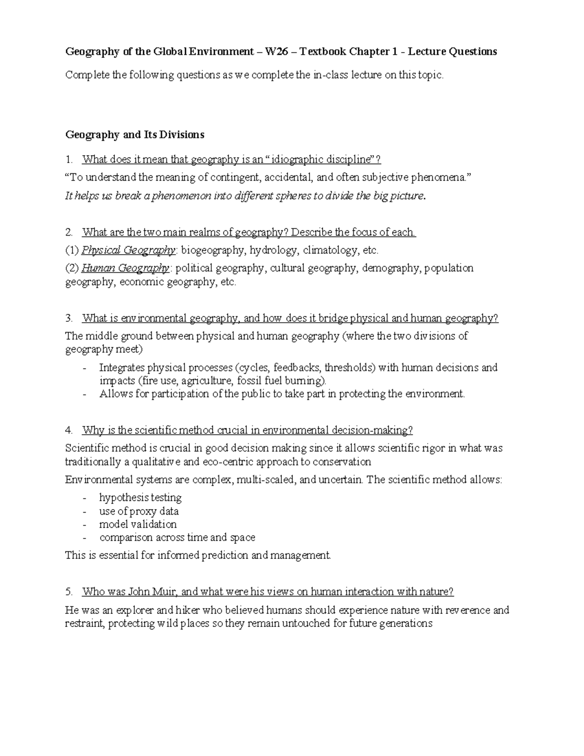 Geog 204 - Chapter 1 Lecture Questions on Global Environment - Studocu