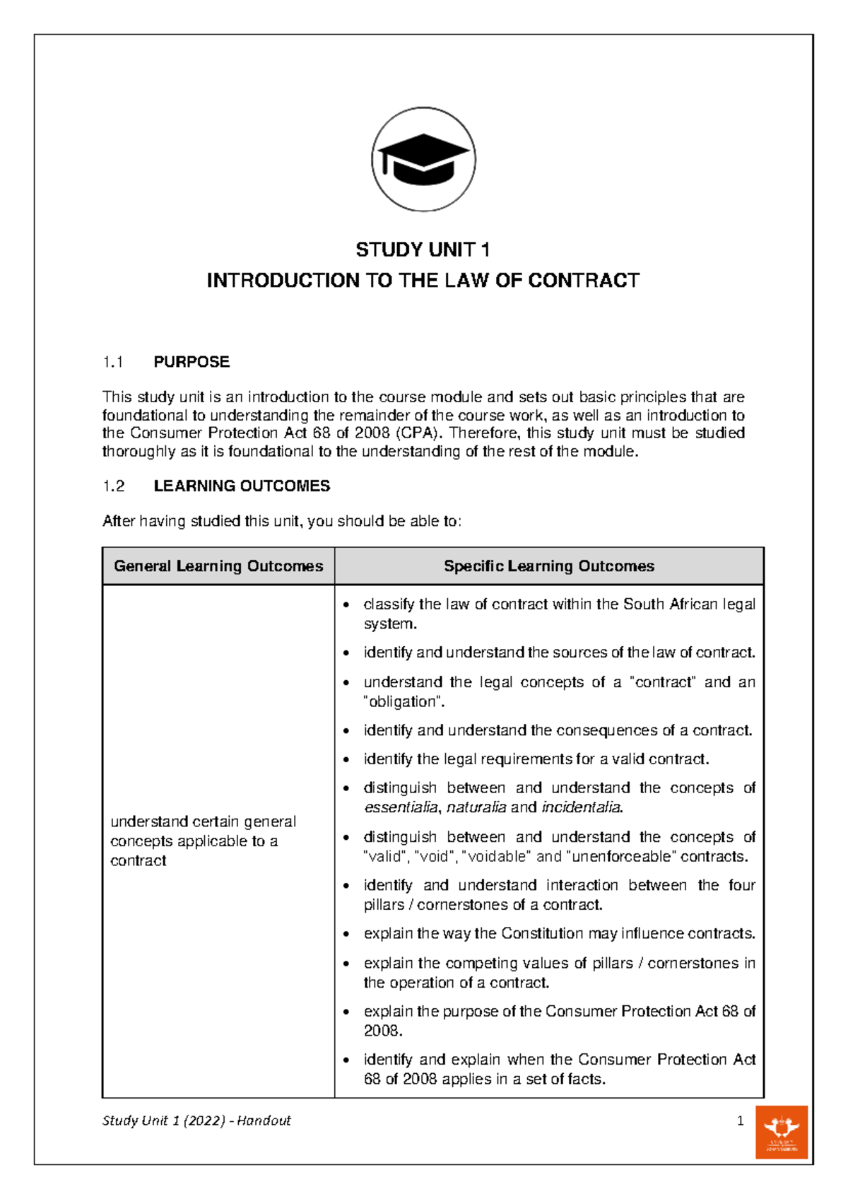 Unit 1 - Introduction to the Law of Contract (Handout) - STUDY UNIT 1 ...