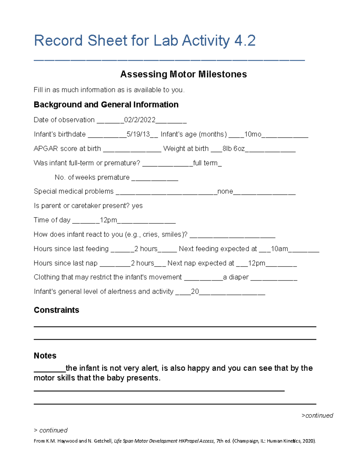 Lab A4: Observing and Assessing Motor Milestones in Infants - Studocu