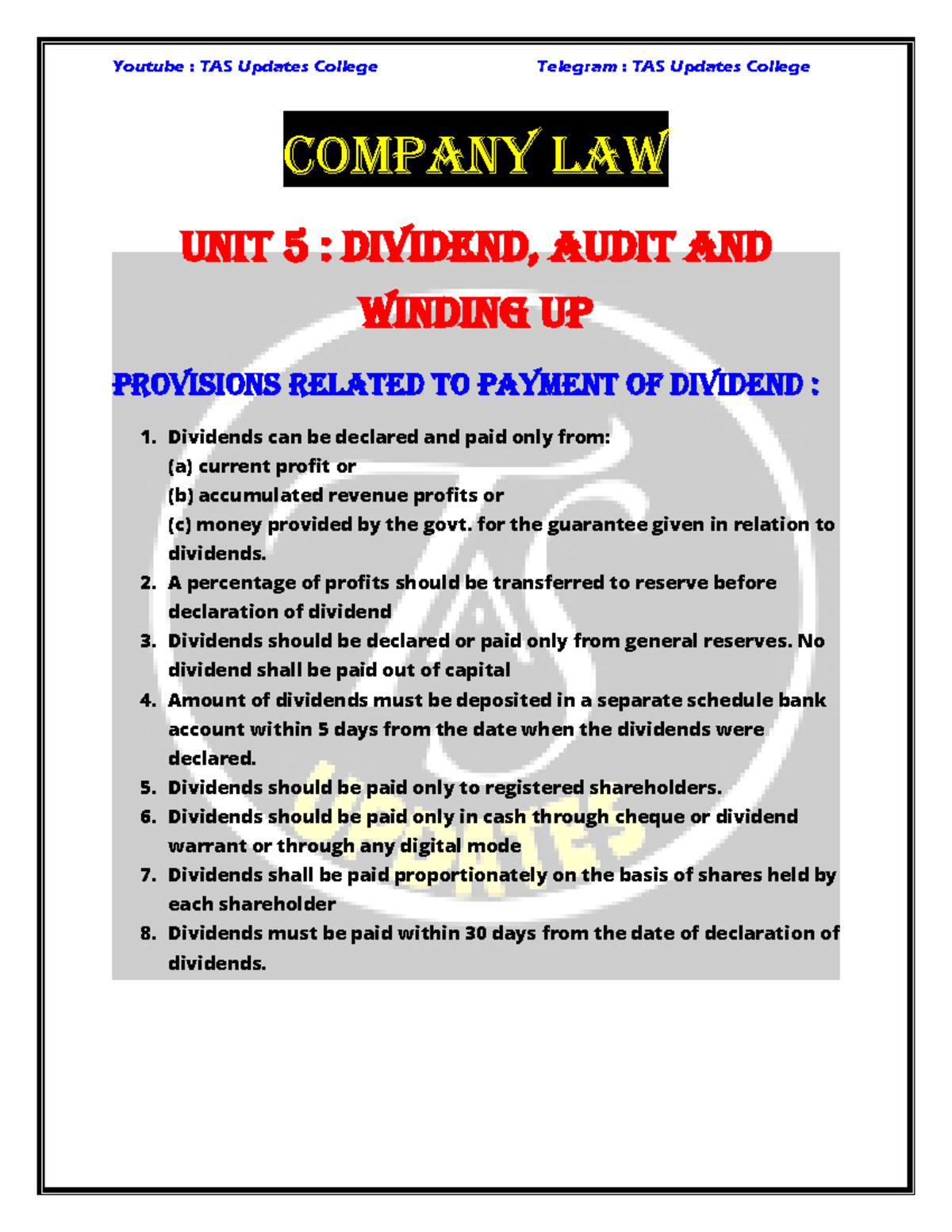 Company Law Unit 5: Dividends, Audits, and Auditor Regulations - Studocu