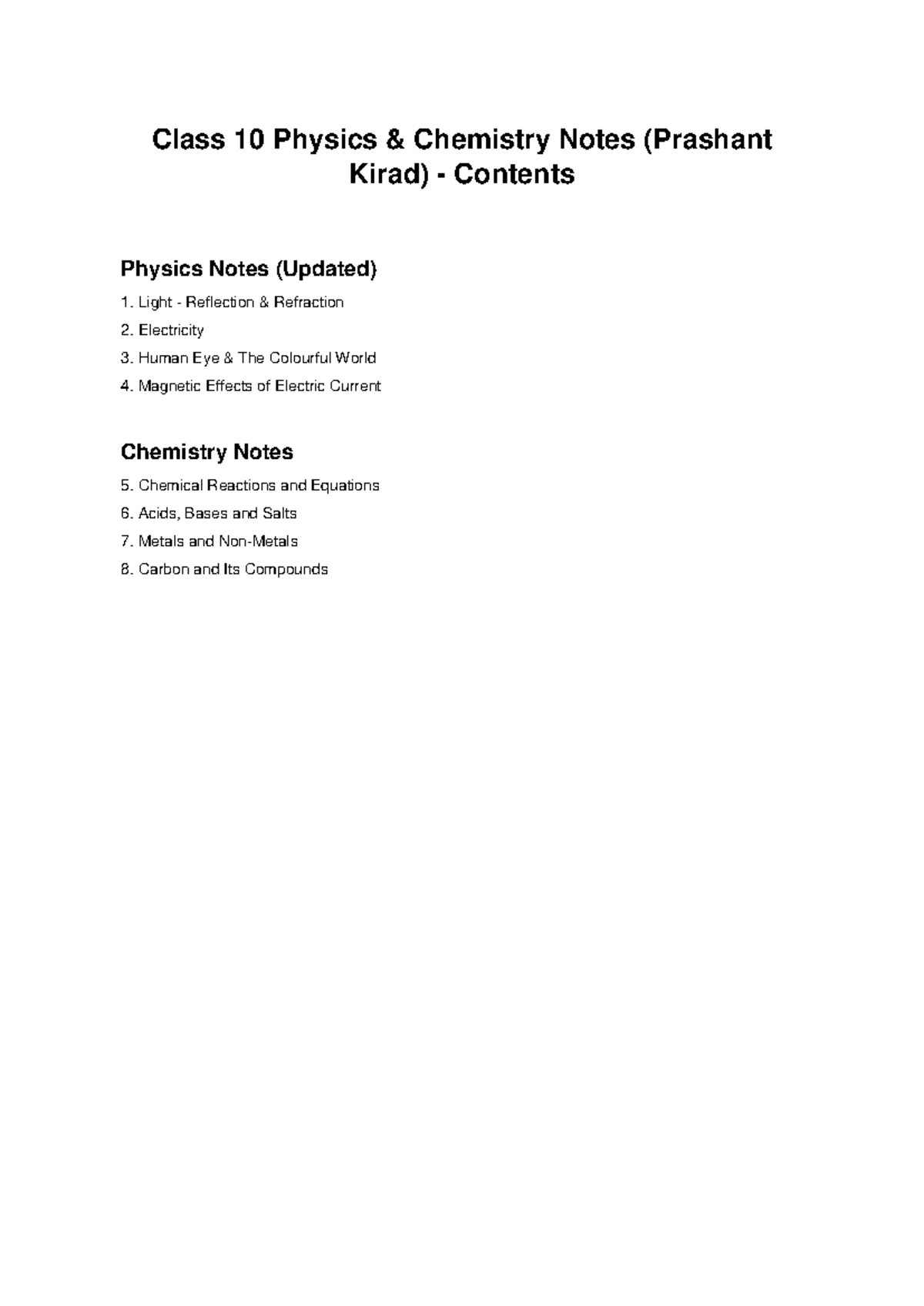 Class 10 Physics & Chemistry Final Notes (Prashant Kirad) - Studocu