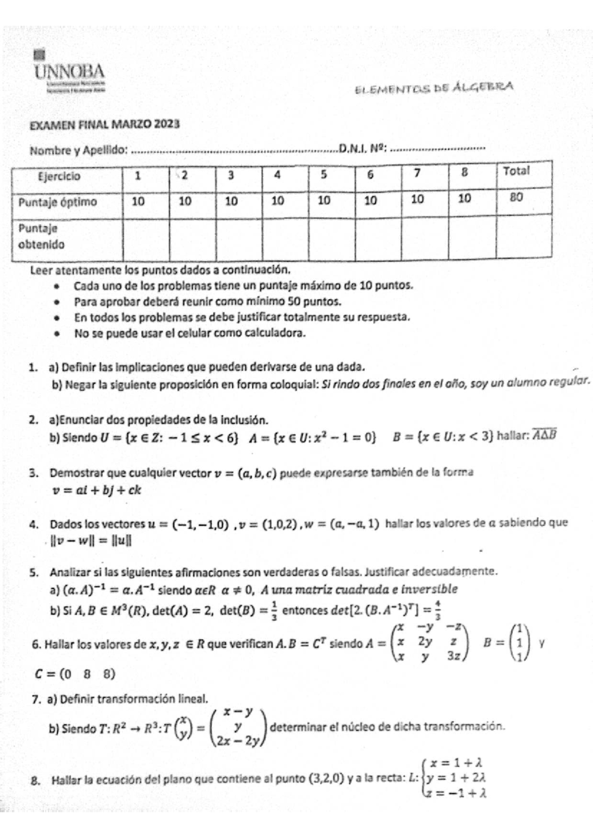 UNNOBA ELEMENTOS DE ALGEBRA EXAMEN FINAL MARZO 2023 - Studocu