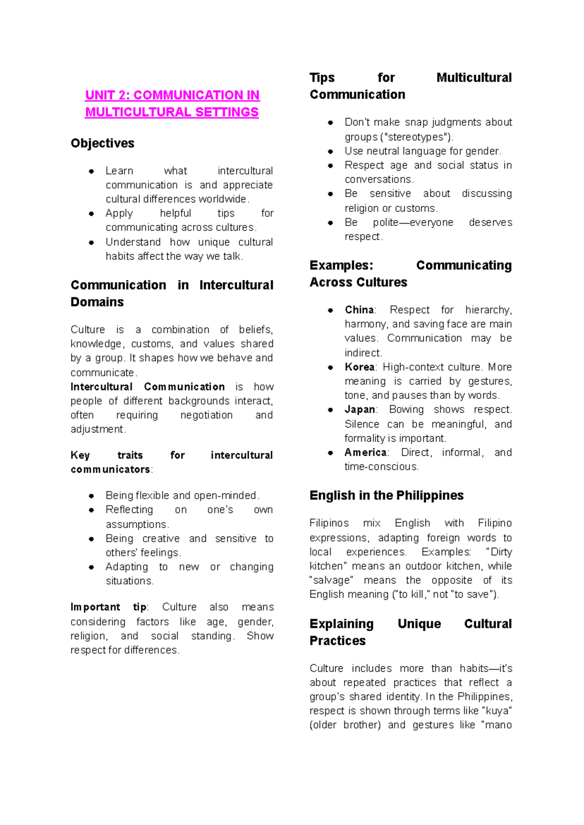 Purcomm UNIT 2: Communication in Multicultural Settings Notes - Studocu
