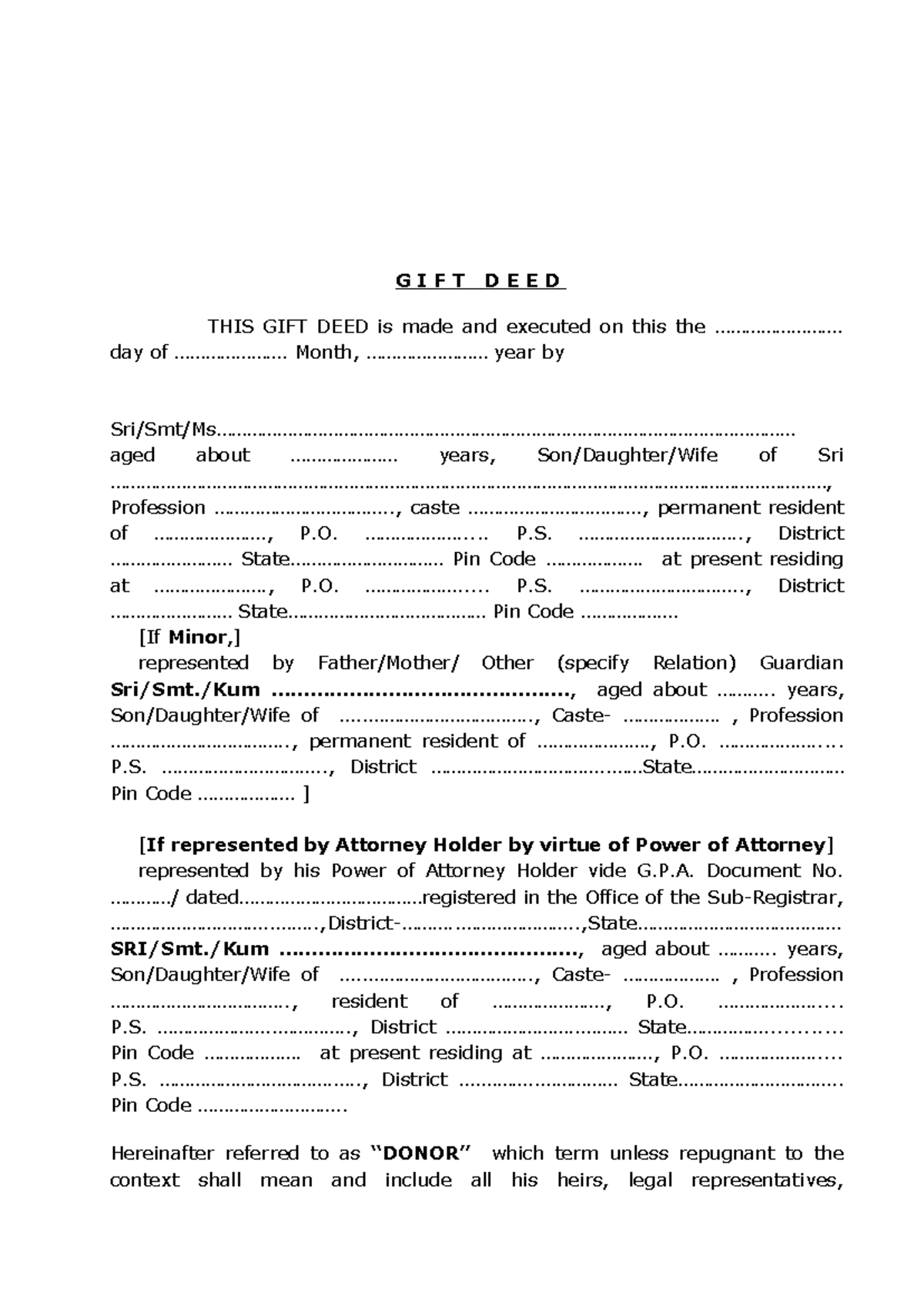 GIFT DEED FORMAT: Legal Template for Property Transfer - Studocu