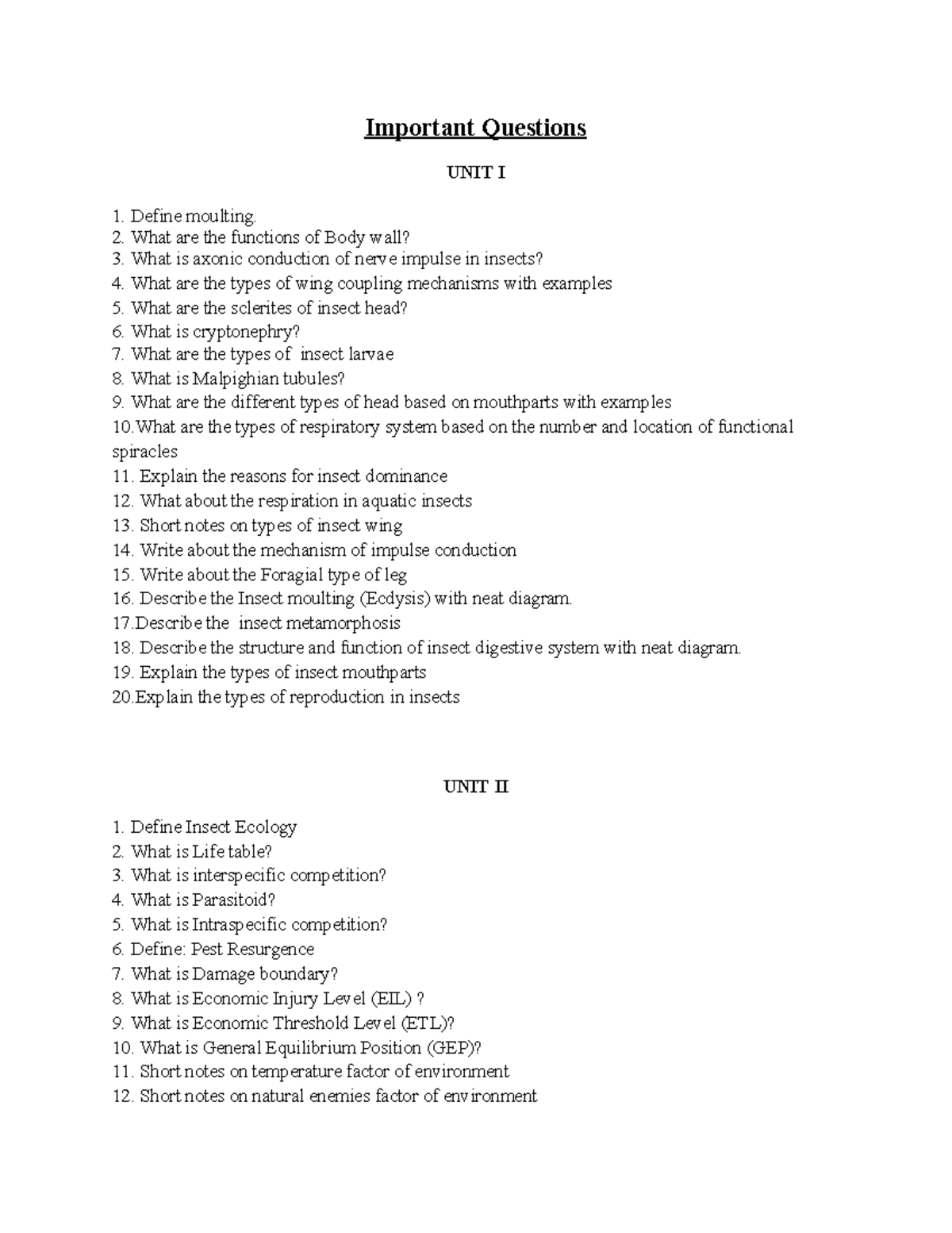 Important Questions for Fundamentals of Entomology (ENT 101) - Studocu