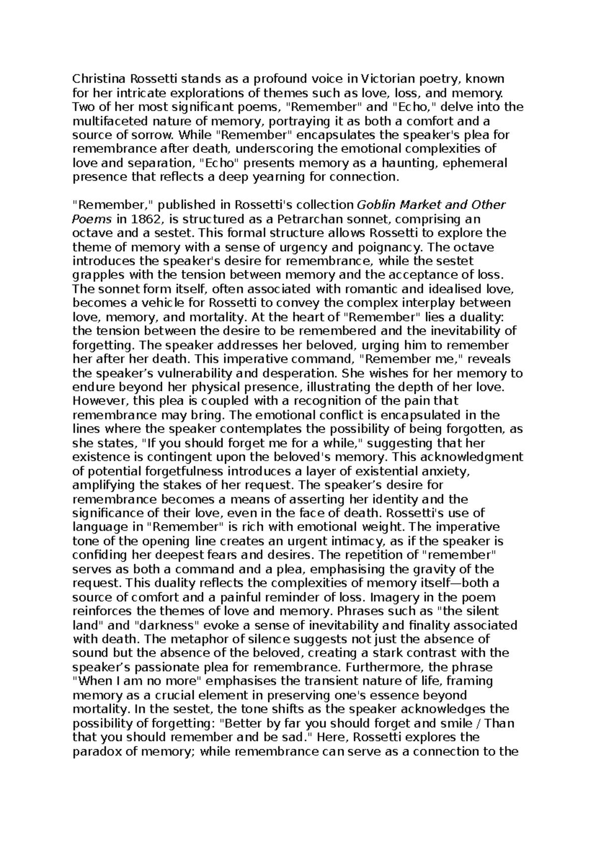 Christina Rossetti's Poem Analysis: Memory in "Remember" & "Echo" - Studocu