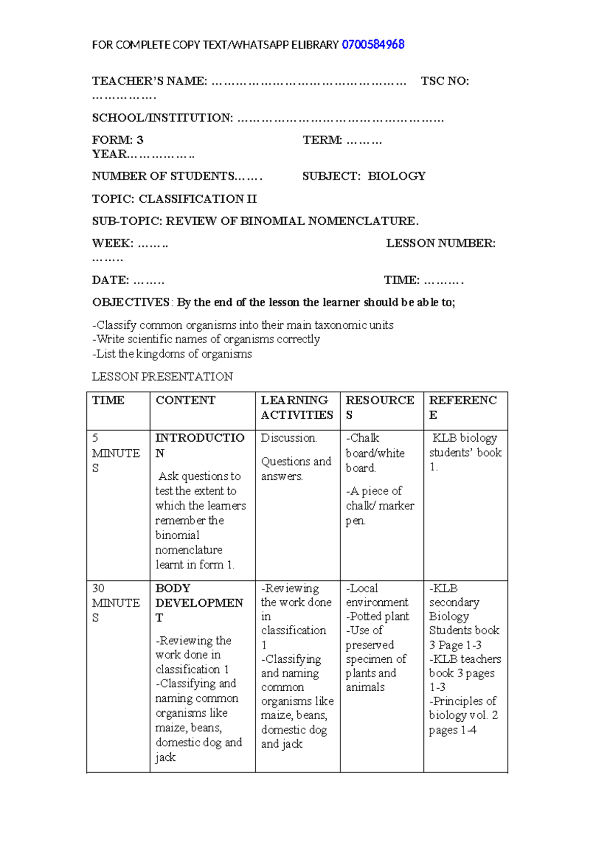 Biology Lesson Plan: Classification II - Kingdoms Overview (0700584968 ...