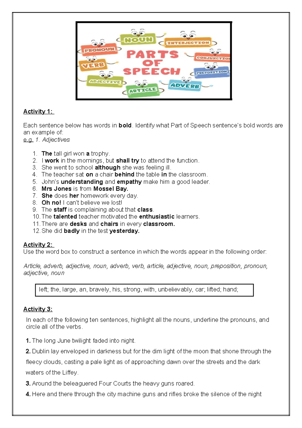 Parts of Speech Revision Activity and Exercises for Eng. Grammar - Studocu