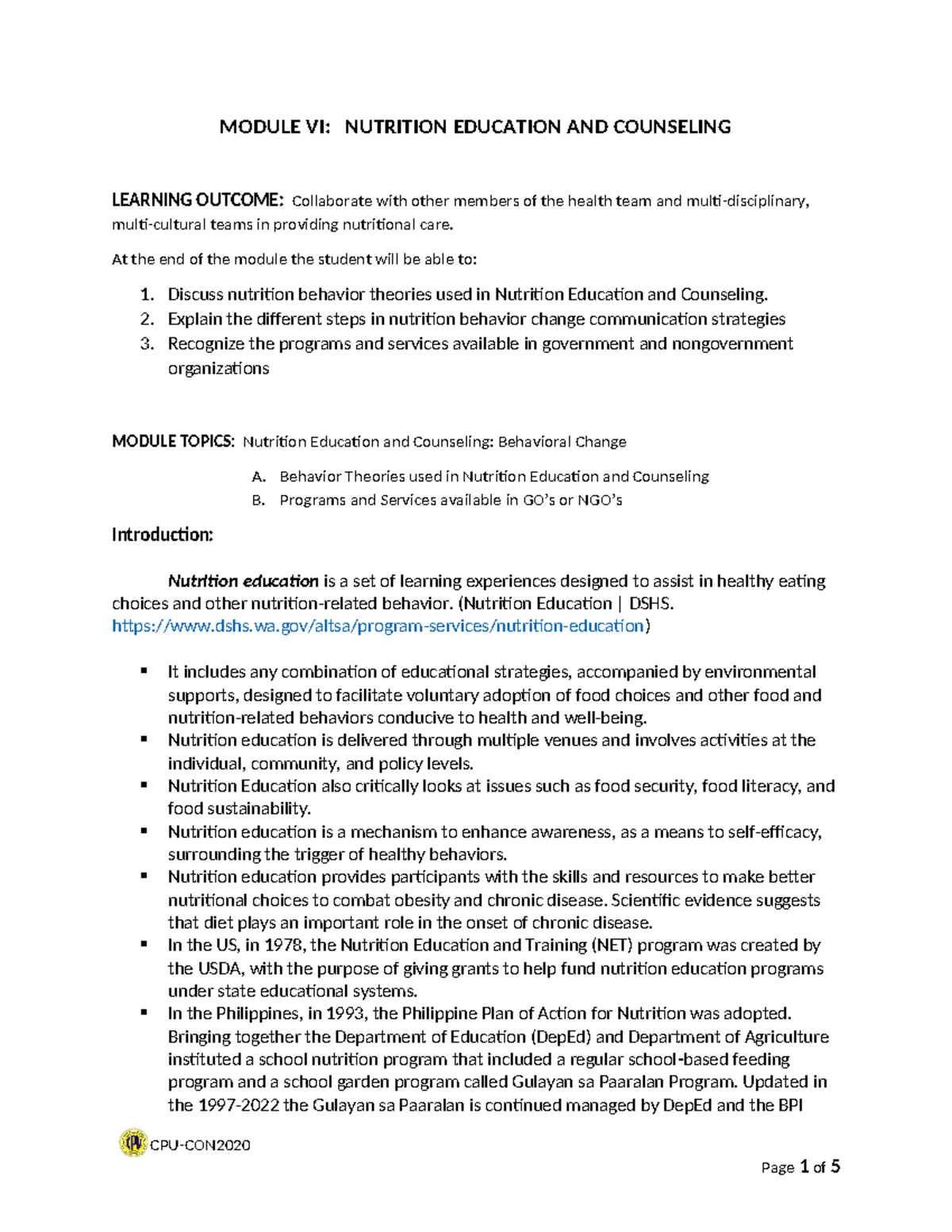 Chapter 6 Nutrition and Diet therapy - MODULE VI: NUTRITION EDUCATION ...