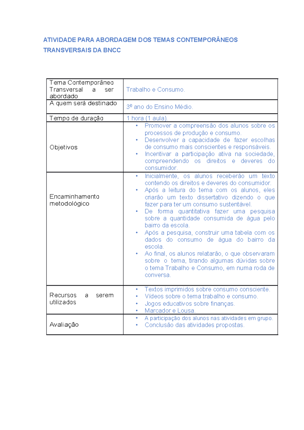 Atividade para Abordagem do Tema Trabalho e Consumo - 3º Ano EM - Studocu