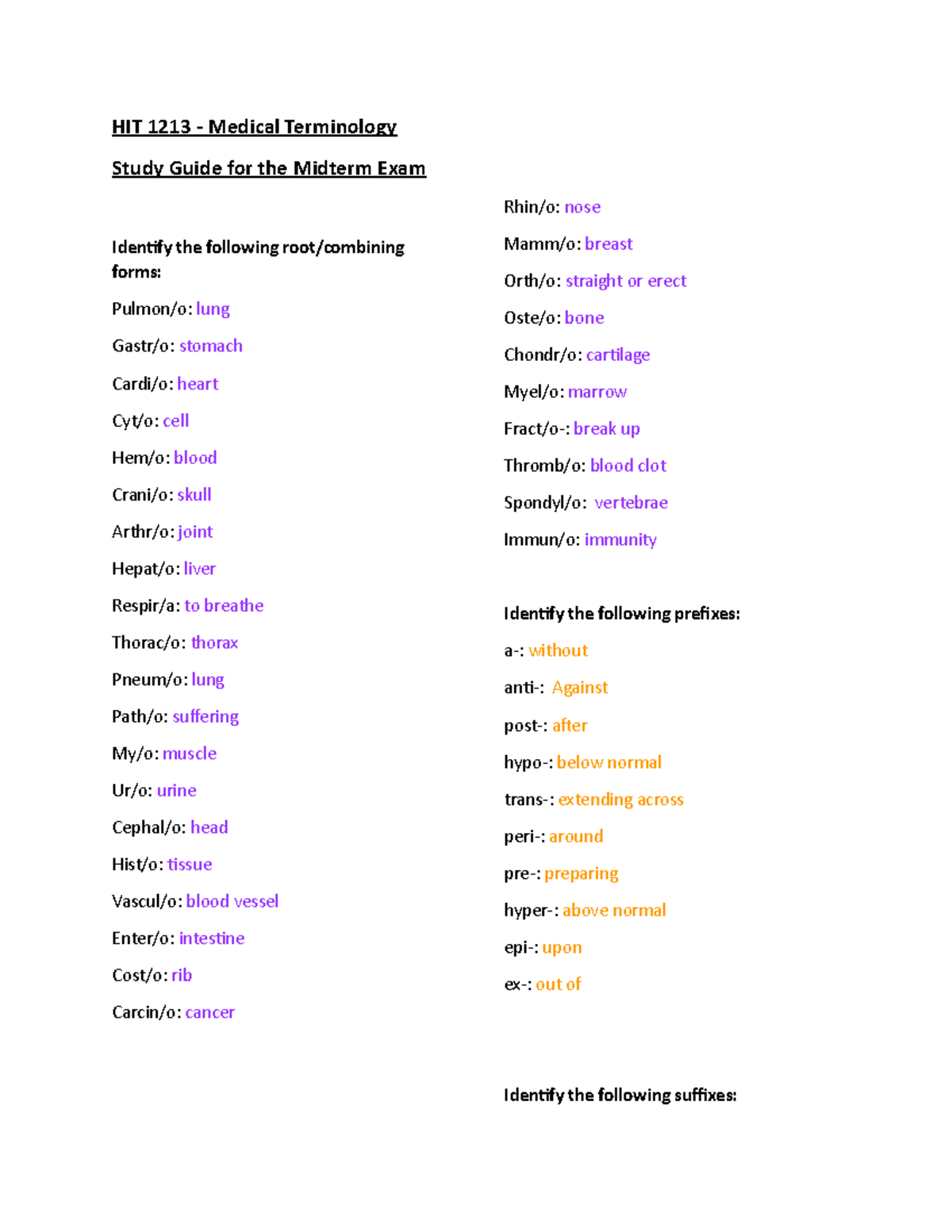 HIT 1213 Midterm Exam Study Guide: Key Medical Roots, Prefixes, and ...