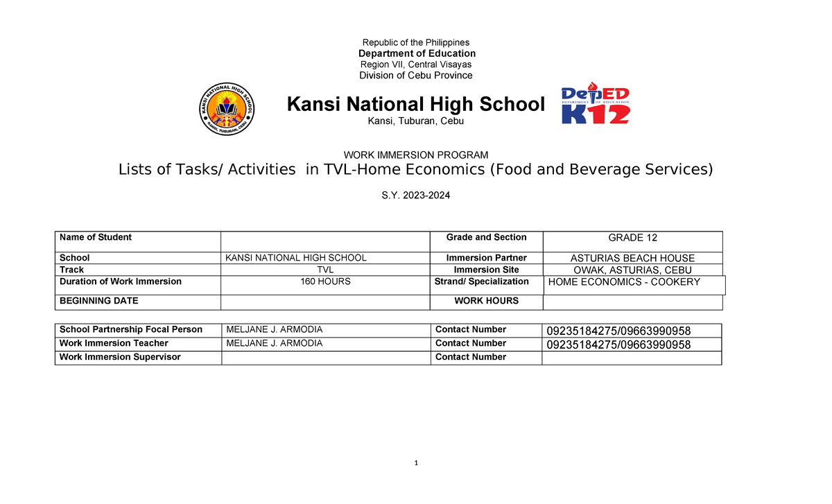 KANSI NATIONAL HIGH SCHOOL TVL Work Immersion Program Activities List ...