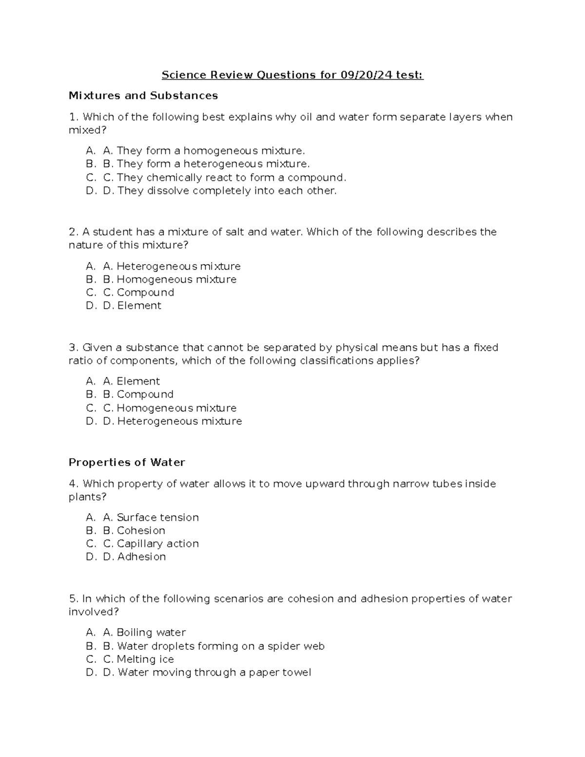 Science Review Questions for Subject 920 - Test on 09/20/24 - Studocu