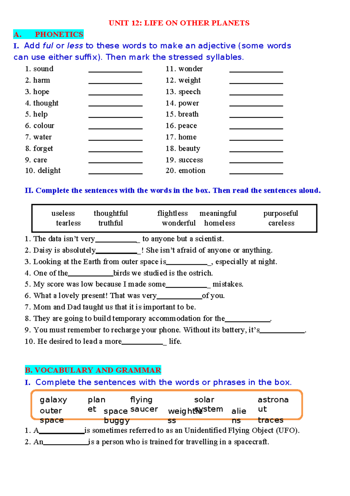 UNIT 12: LIFE ON OTHER PLANETS - PHONETICS & VOCABULARY EXERCISES - Studocu