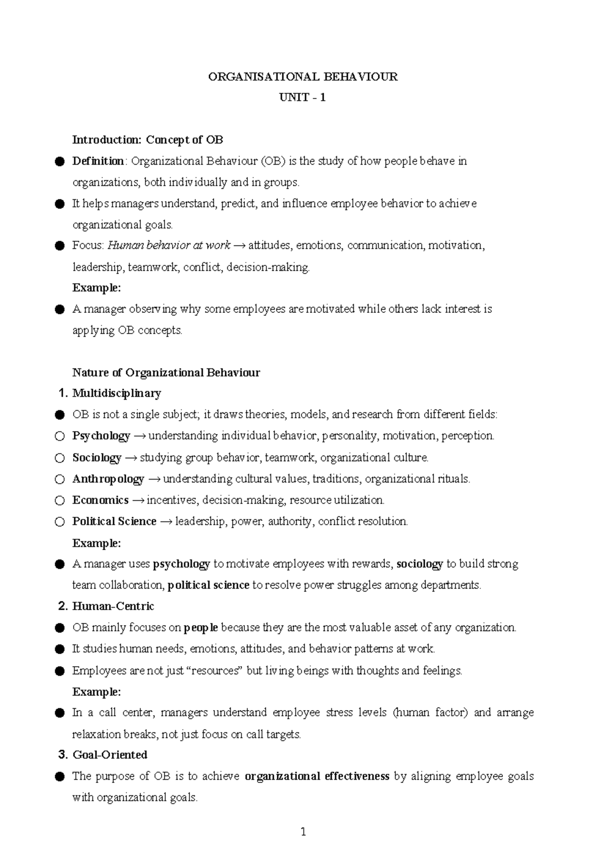 Unit 1 - Introduction to Organizational Behaviour Concepts and ...