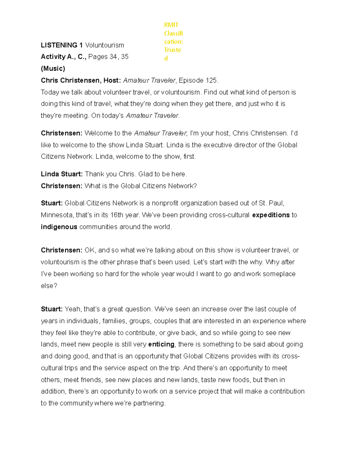 Listening 1 Unit 2 transcript - LISTENING 1 Voluntourism Activity A., C ...