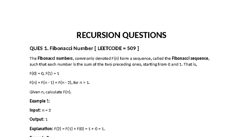 Recursion Questions: Fibonacci, Climbing Stairs & Hops (LEETCODE) - Studocu