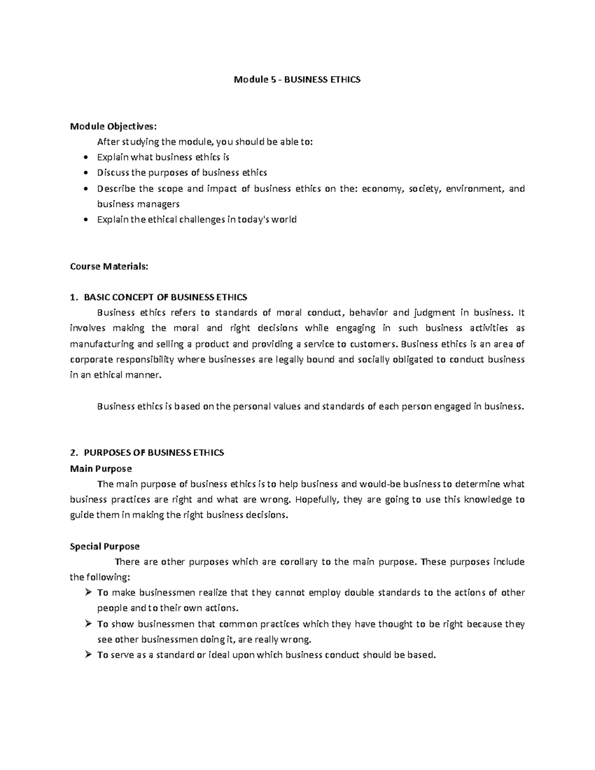 Module 5 - Business Ethics: Understanding Its Scope and Impact - Studocu