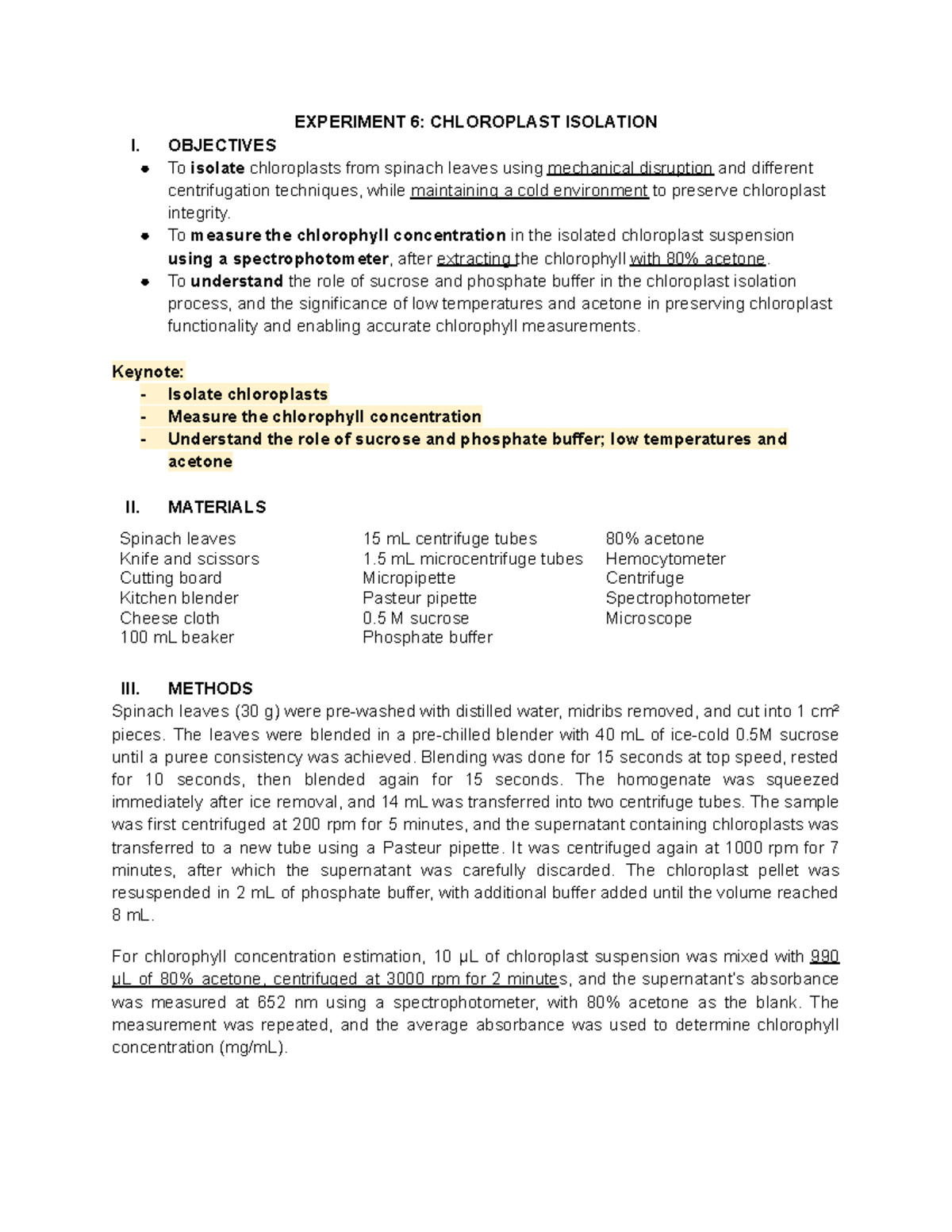 Chloroplast Isolation and Chlorophyll Measurement - BIO 101 Lab Report ...