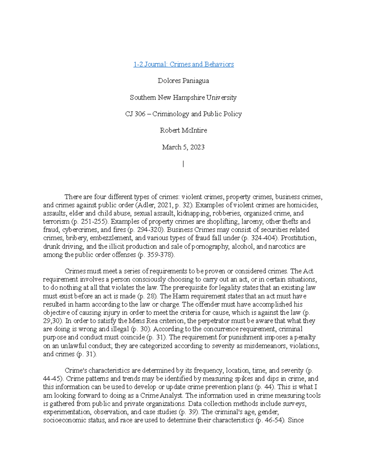 CJ 306 - Module 1 Journal: Understanding Crime Types and Patterns - Studocu