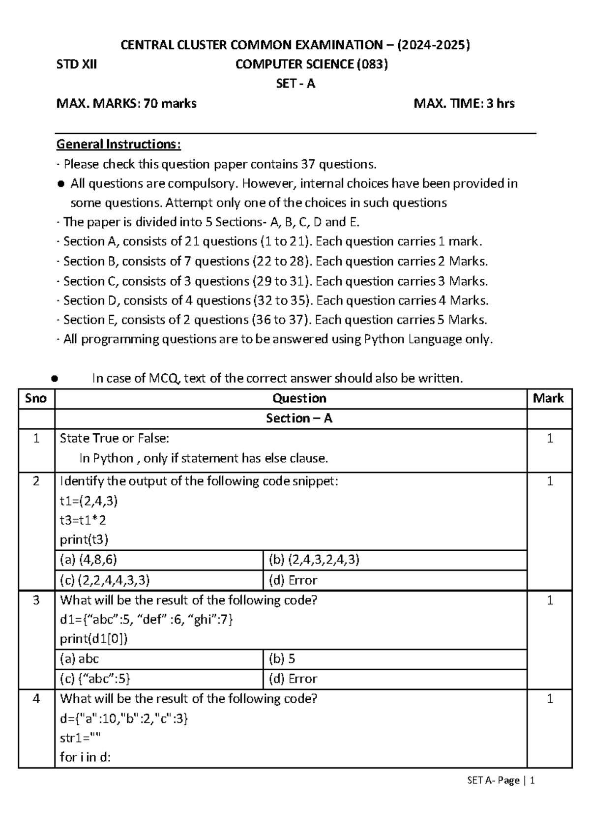 XII Computer Science (083) Central Cluster Common Exam Set A - Studocu