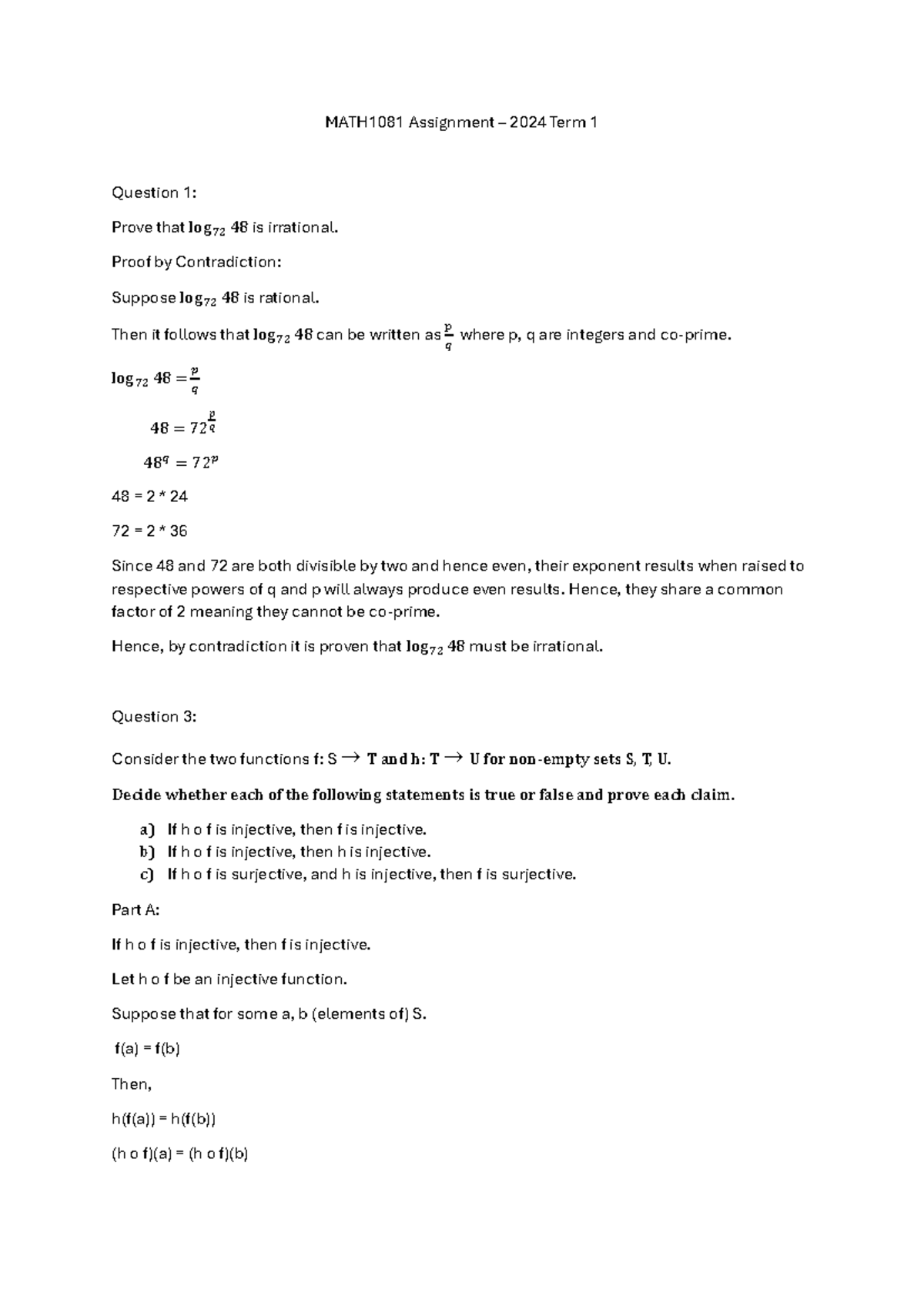 MATH1081 Assignment Draft Term 1 2024 - MATH1081 Assignment – 2024 Term 1 Question 1: Prove that ...