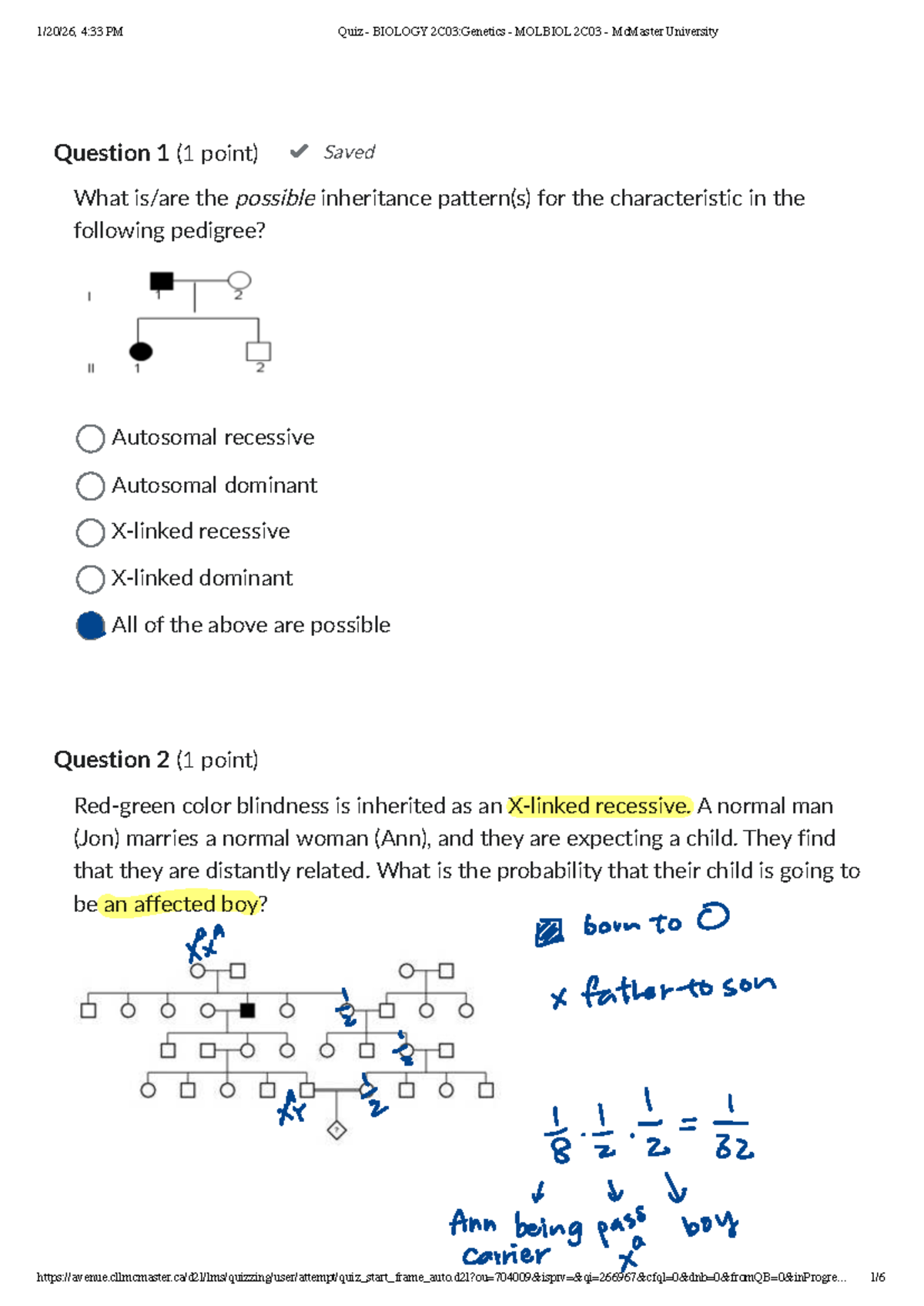 Quiz on Genetics - BIOLOGY 2C03: Inheritance Patterns and Pedigrees ...