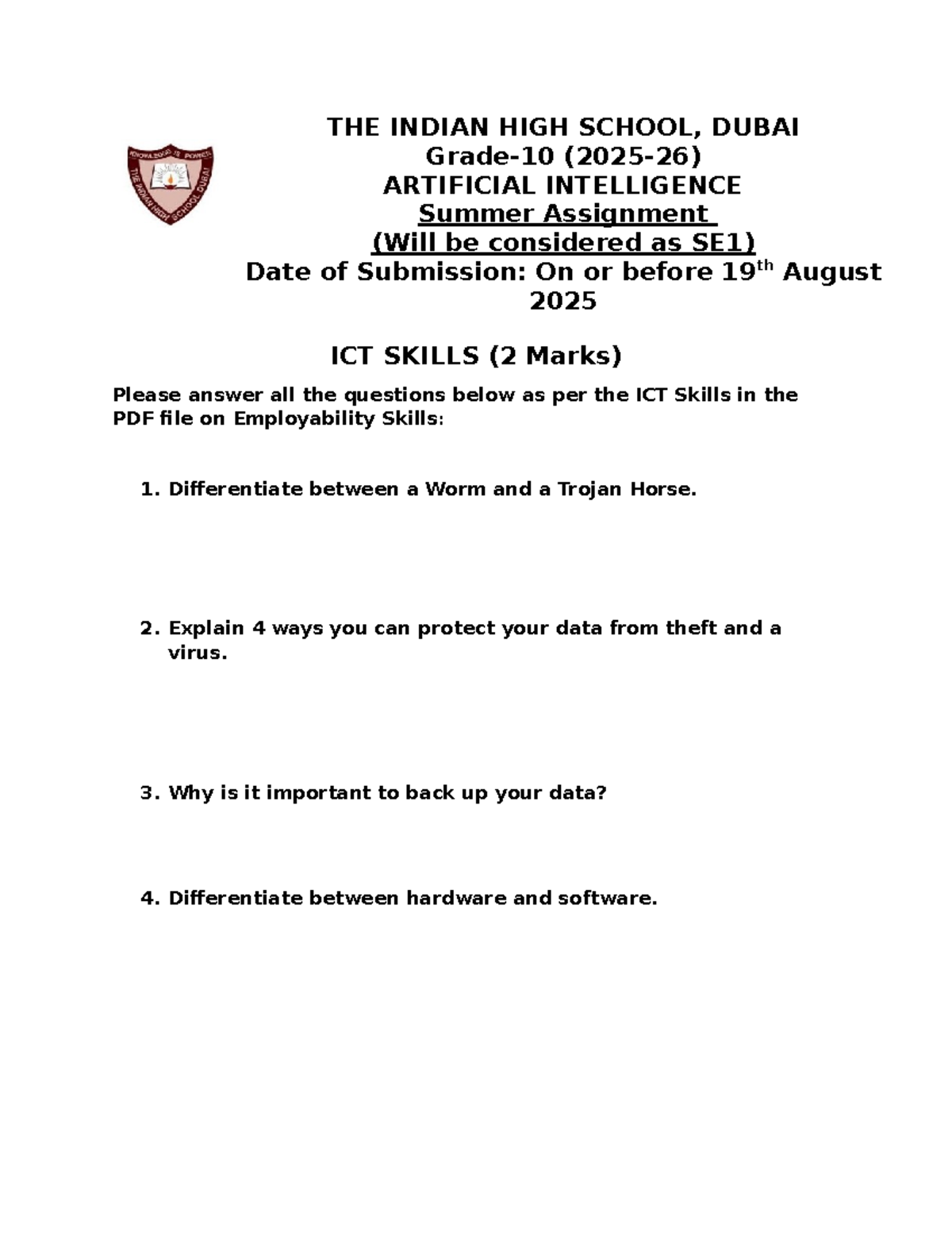 ICT - Summer Assignment 2025 - THE INDIAN HIGH SCHOOL, DUBAI Grade-10 ...