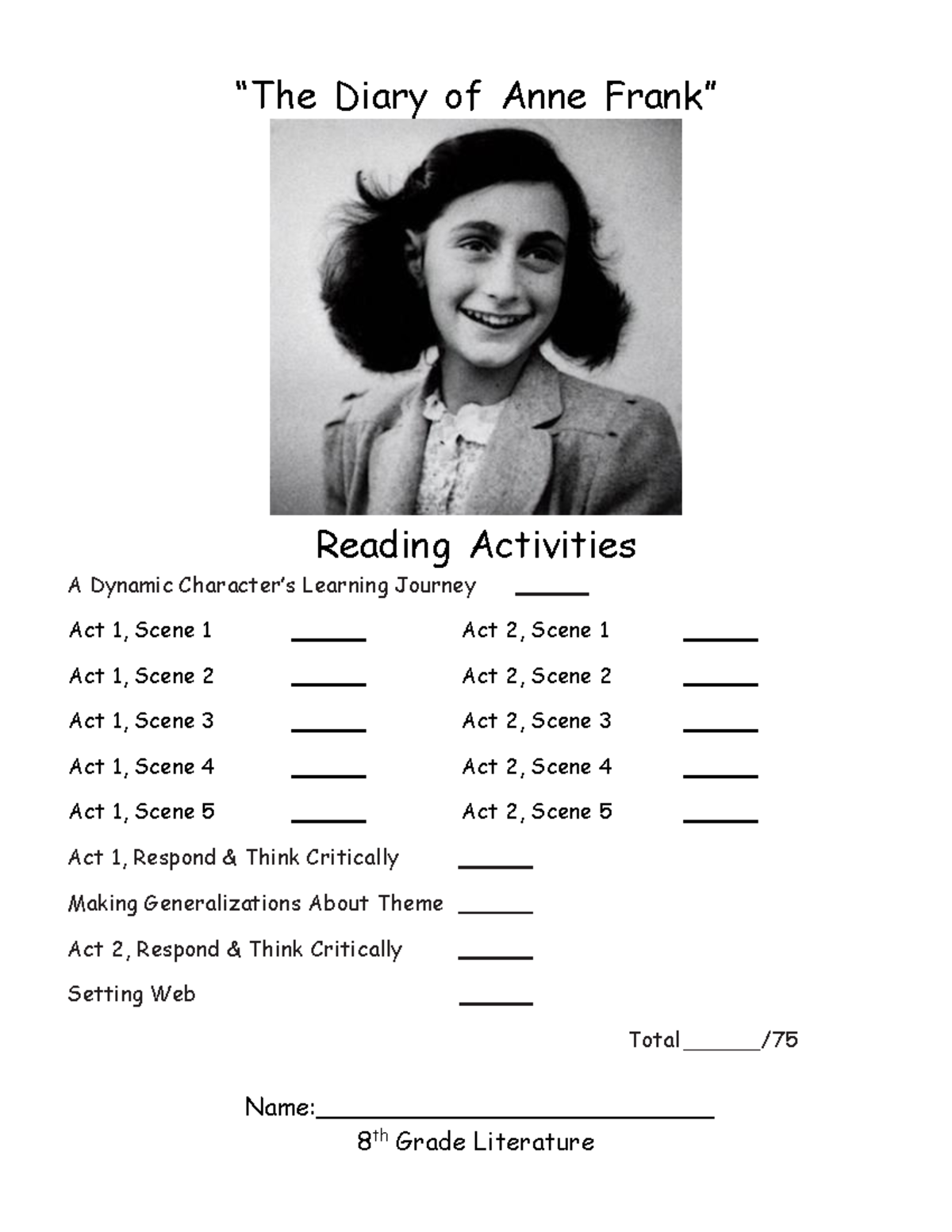 Microsoft Word - Anne Frank Packet - “The Diary of Anne Frank” Reading ...