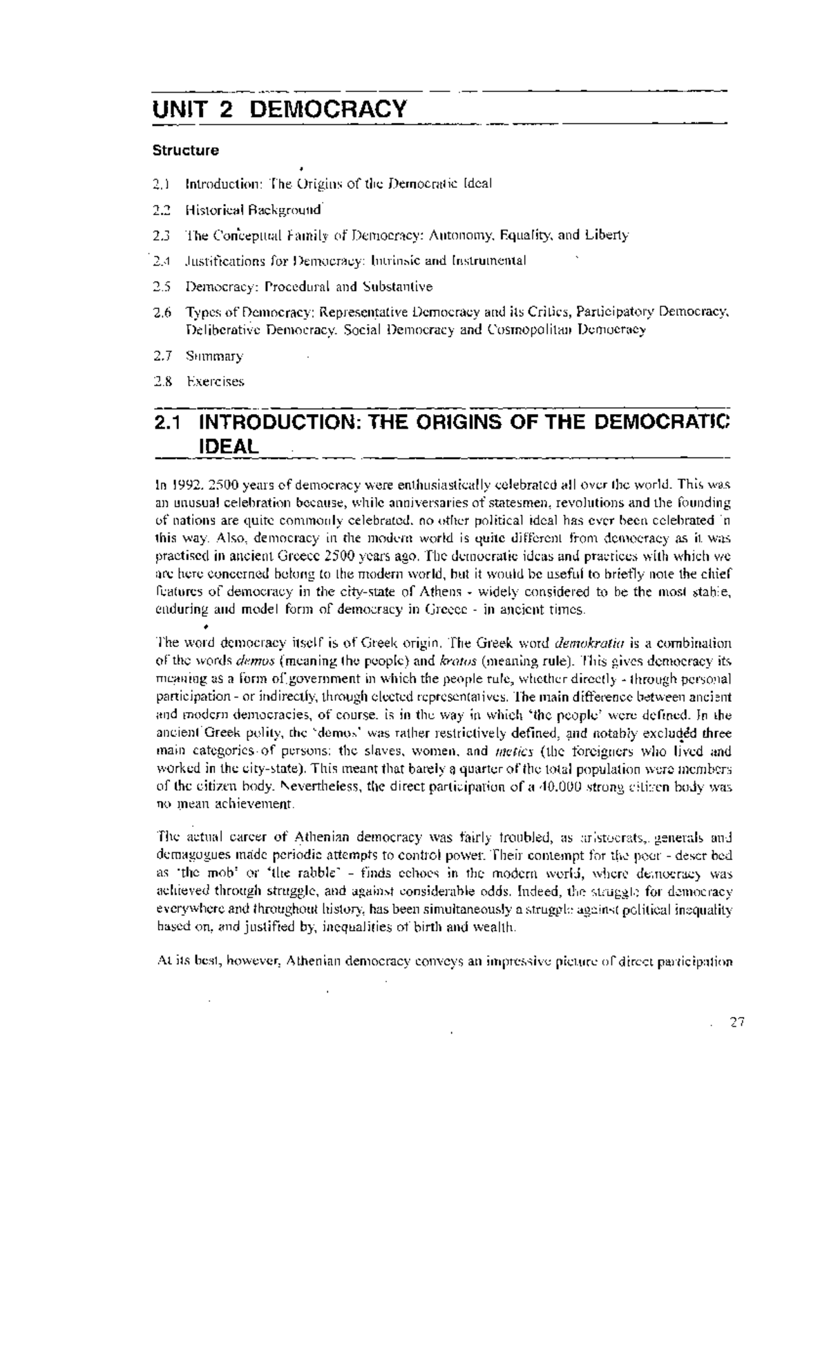 Unit-2 (1) - Unit 2 - DEMOCRACY Structure 2 Introduction: The Origins ...