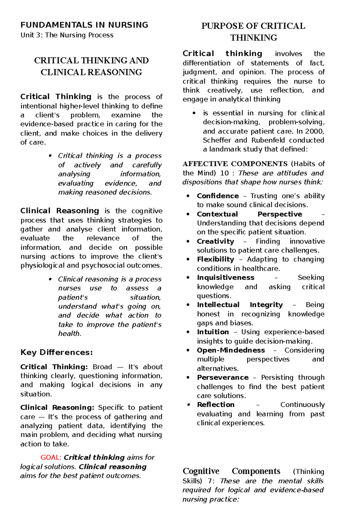 FUNDAMENTALS IN NURSING: CRITICAL THINKING & CLINICAL REASONING - Studocu